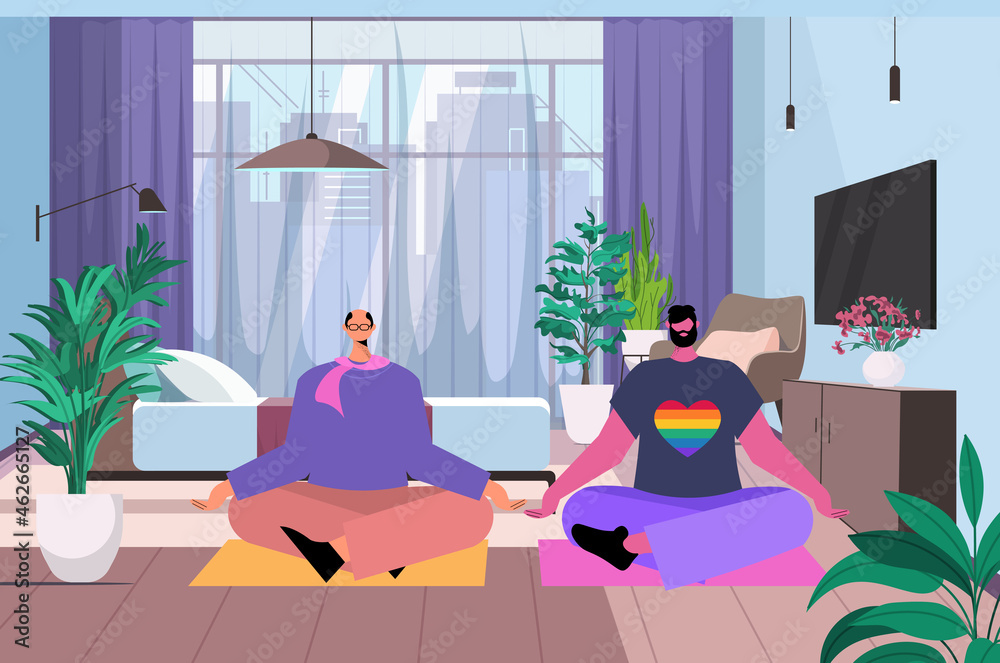 gay practicing yoga exercise in lotus pose LGBT parade pride festival ...