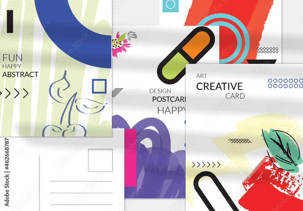 Postcard Layout with Hand Drawn Abstract Floral Doodles and Geometric ...