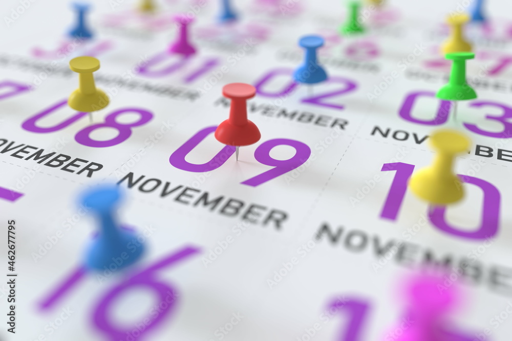 November 9 date and push pin on a calendar, 3D rendering Stock ...
