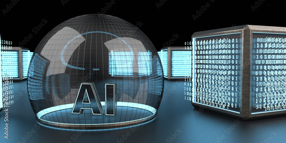 3D rendering, Digital cubic units feeding bubble of AI, artificial ...