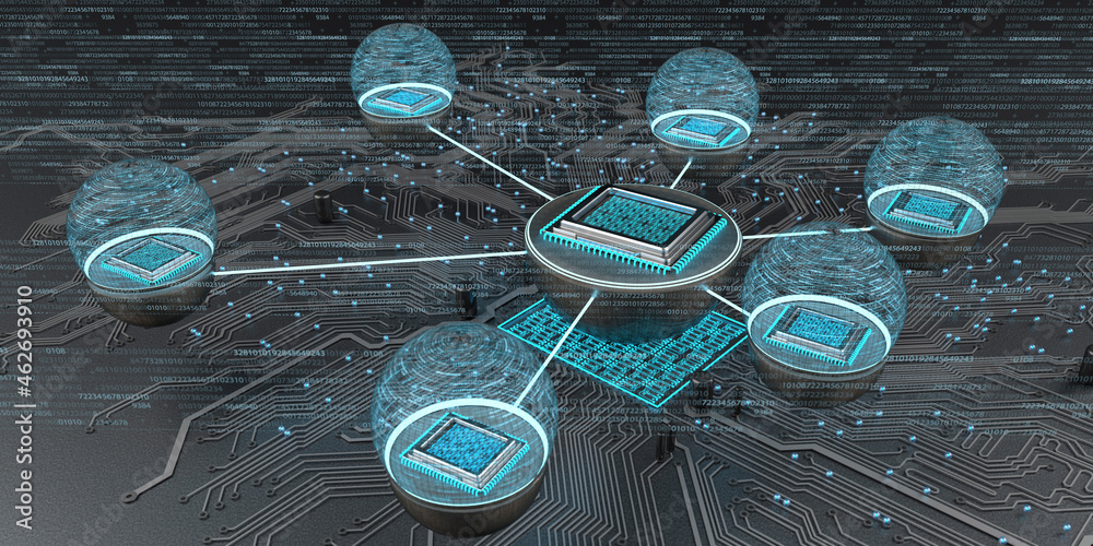Connected microchips with circuit diagram, 3d illustration Stock Photo ...
