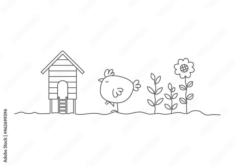 Chicken chicken house and flower line art vector illustration cartoon ...