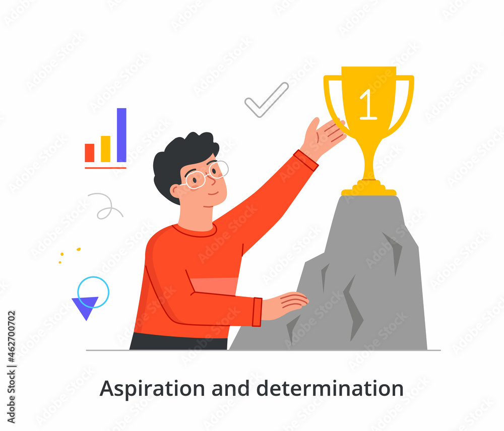 Achieving goals concept. Man aspires to top and awarded gold cup ...