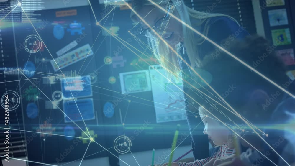 Animation of network of connections over happy diverse teacher and ...