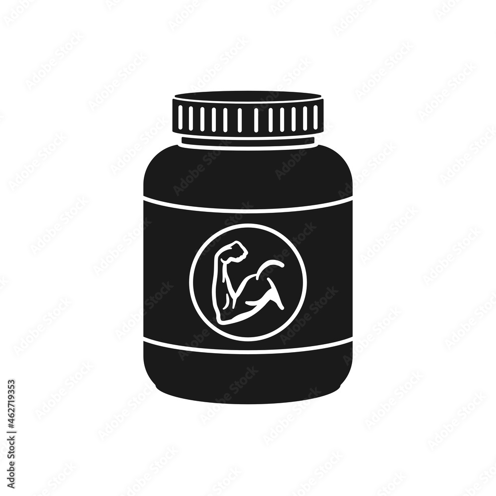 Protein powder container with muscle symbol for fitness concept in ...