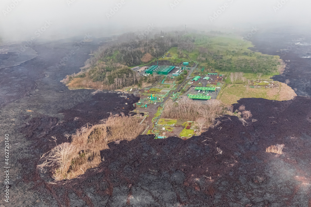 USA, Hawaii, Big Island, aerial view of the impacts of the volcanic ...