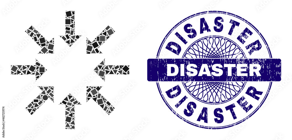Geometric collage collapse arrows, and Disaster scratched seal. Violet ...