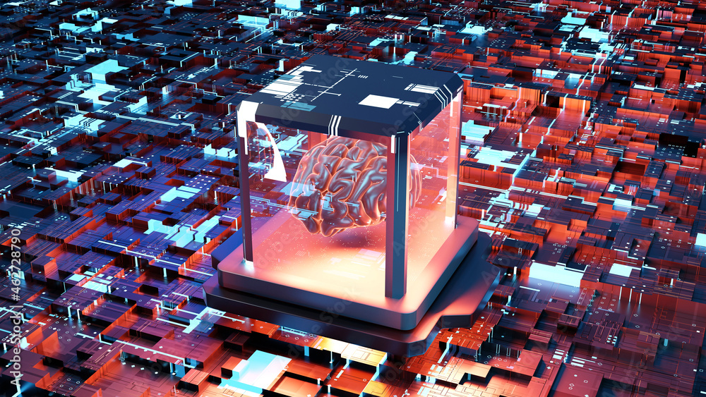 Illustration of three dimensional human brain in transparent container ...