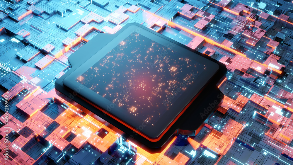 Foto de 3D rendered illustration of CPU processor unit on motherboard ...