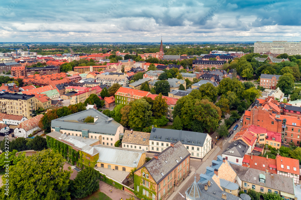 Sweden, Scania, Lund, Aerial view of historic old town with clear line ...