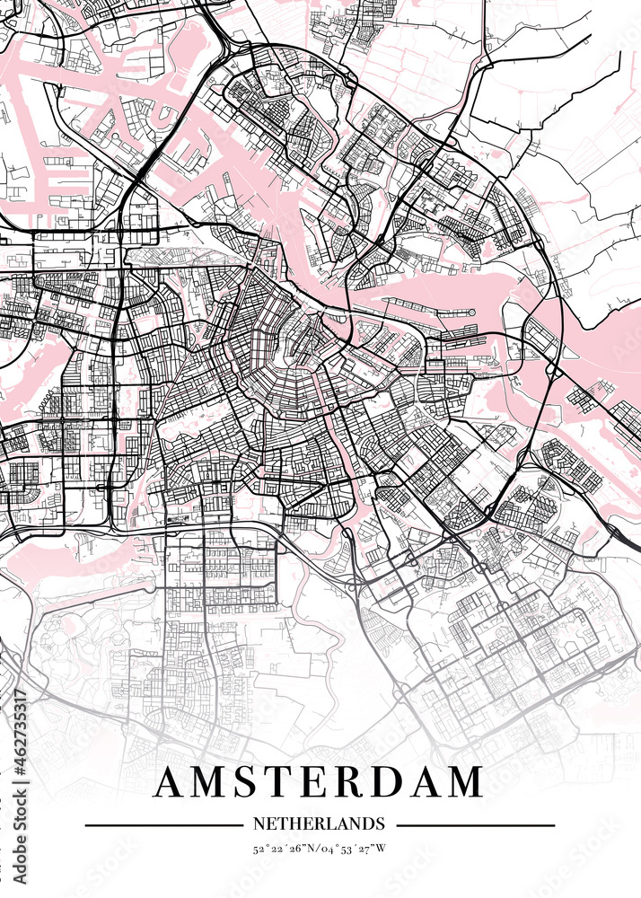 Amsterdam city map poster print. Detailed map of Amsterdam (Netherlands ...