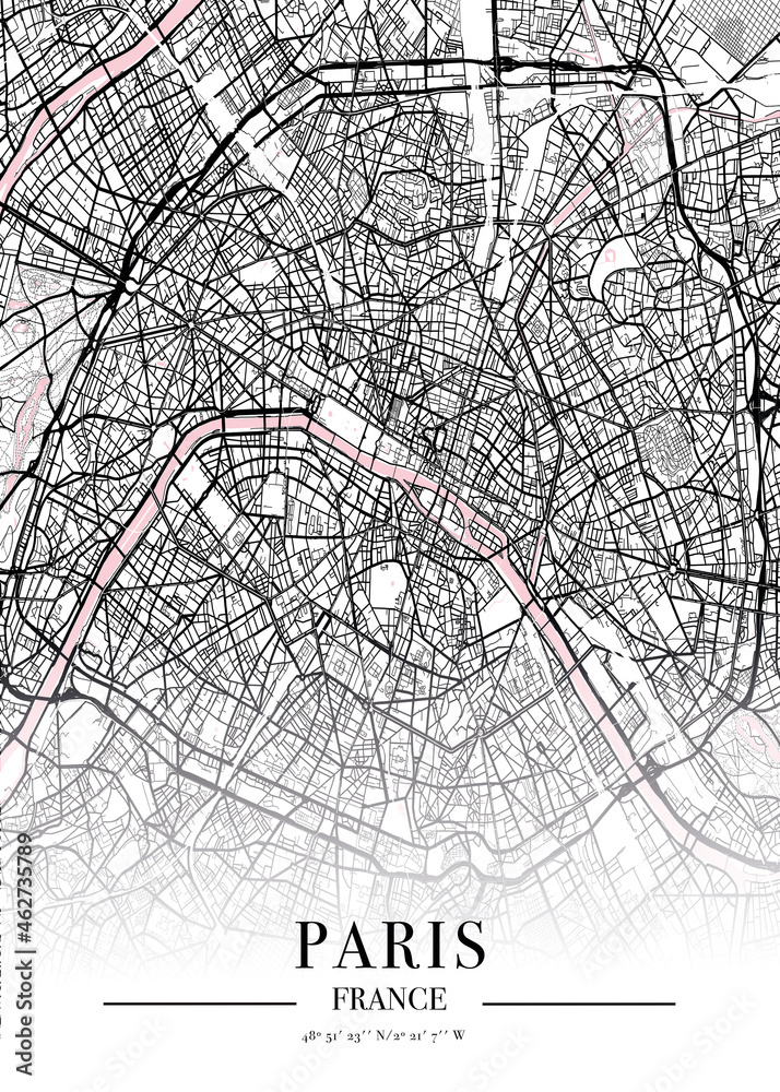 Paris city map poster print. Detailed map of Paris (France). Stock ...