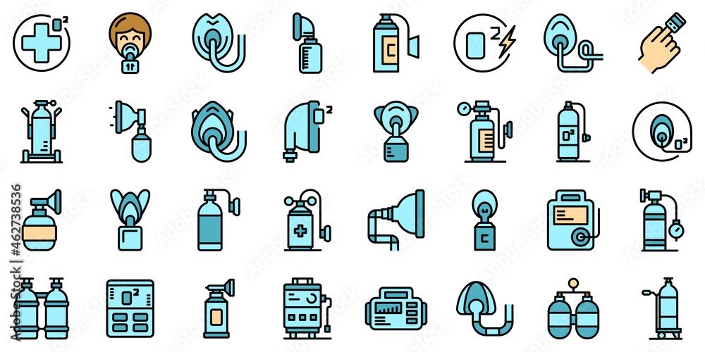 Medical oxygen concentrator icons set outline vector. Aid doctor. Air ...