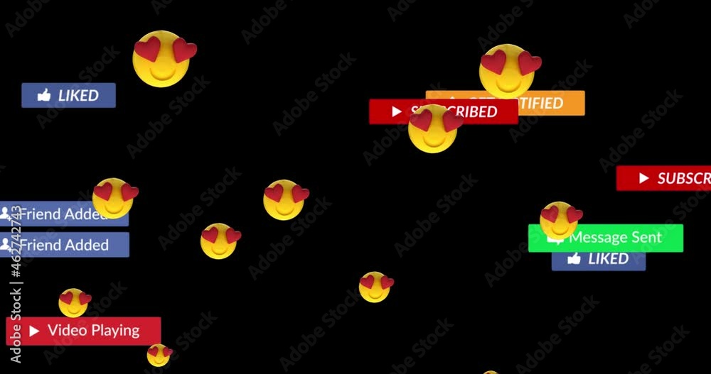 Animation of falling social media icons and emoji over black background ...