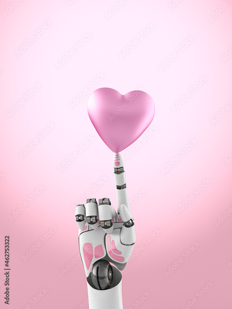 Three dimensional render of robotic arm balancing pink heart on top of ...