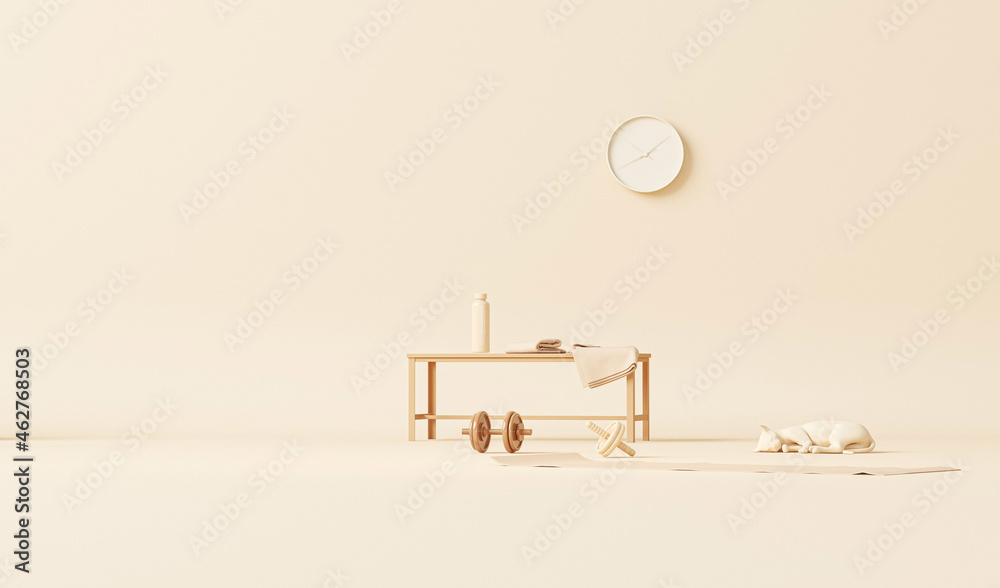 Pastel cream and beige colors scene. Weights , clock and cat. Trendy 3d ...