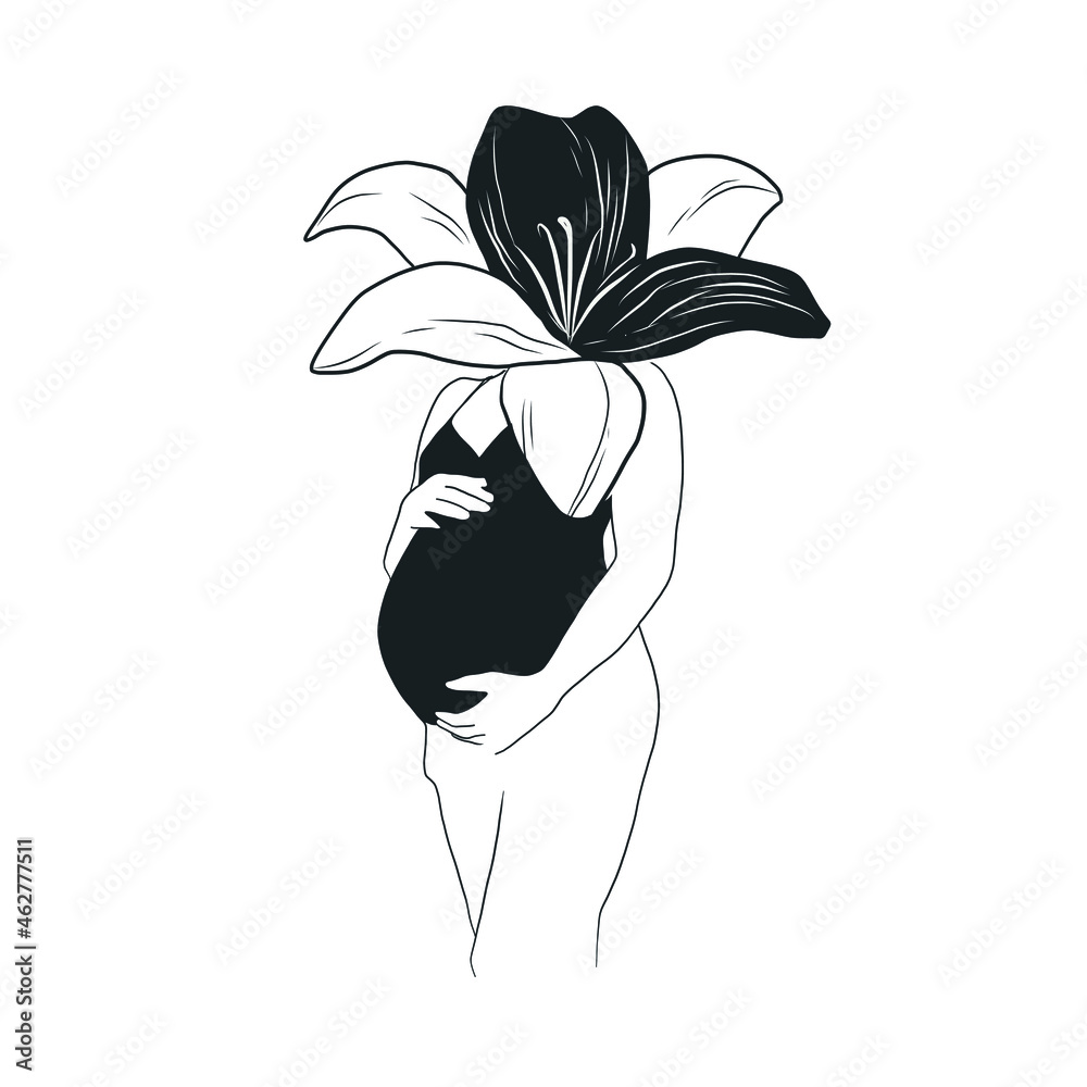 Spiritual style drawing of pregnant woman with flower. Lily. Hand drawn ...