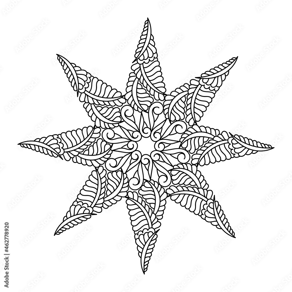 Coloring book for adults. A hand-drawn eight-pointed star. Black and ...