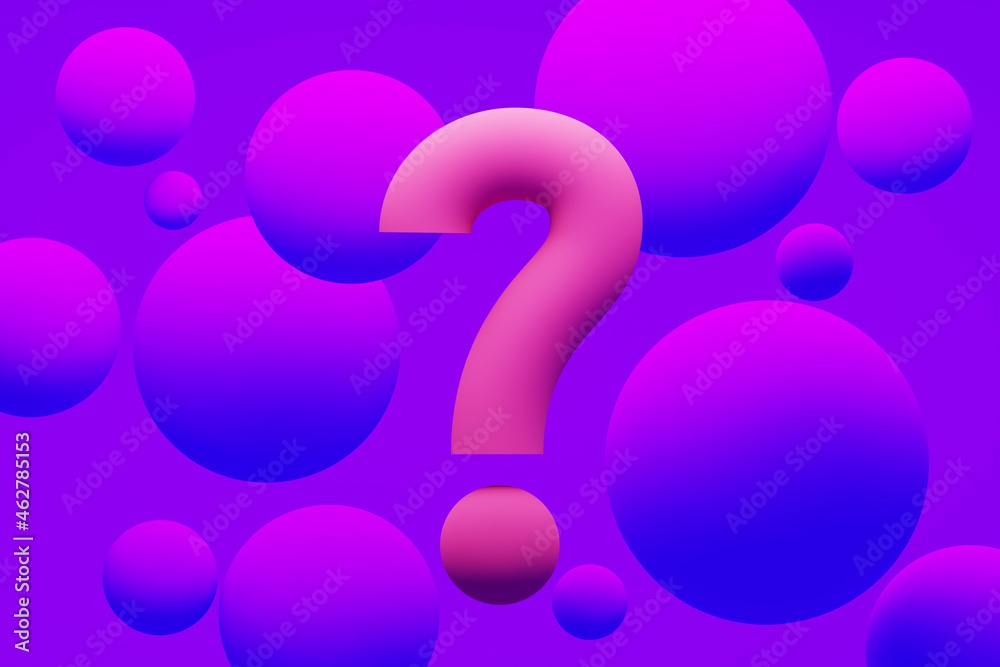 Three dimensional render of question mark surrounded by purple spheres ...