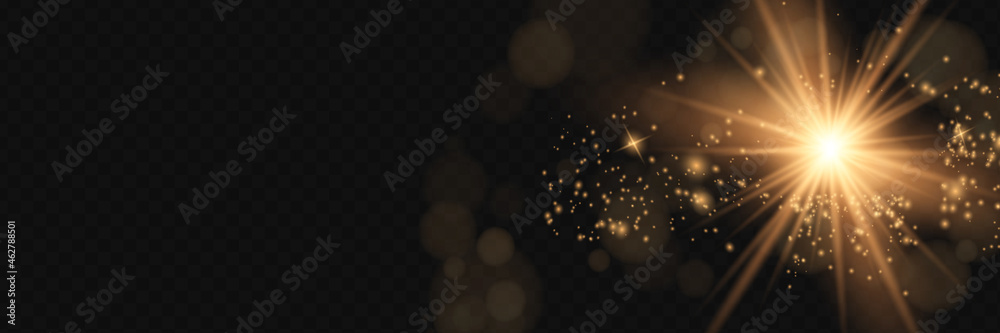 Yellow glowing light explodes on a transparent background. Sparkling ...