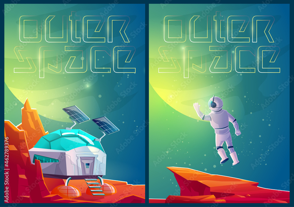 Outer space posters with colony base and astronaut on Mars. Vector ...