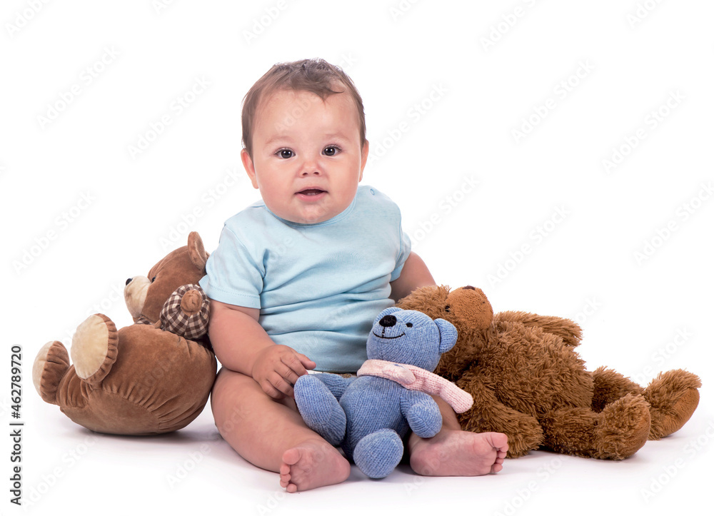 Baby with teddy bears. Sweet child with teddy bears isolated on white ...