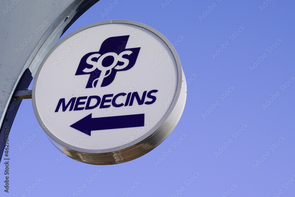 SOS Medecins logo text and brand sign and blue arrow of medical ...