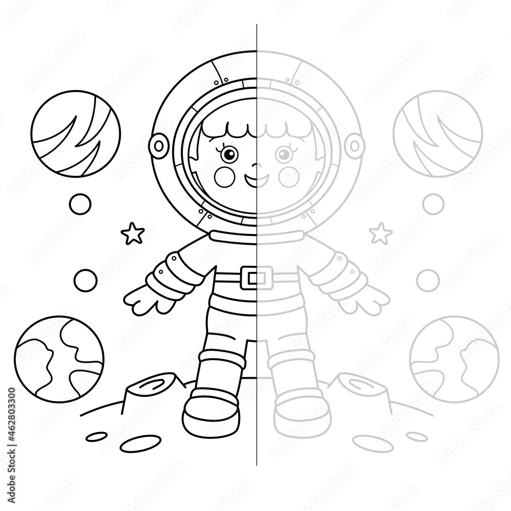 Draw symmetrically. Coloring Page Outline Of cartoon astronaut in space ...