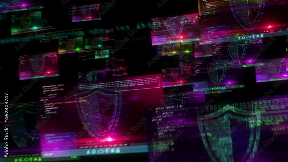 Cyber security with shield symbol alert on computer screens. Internet ...