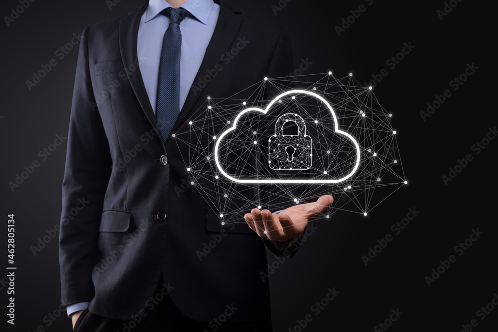 Business man hold,holding cloud computing data and security on global ...