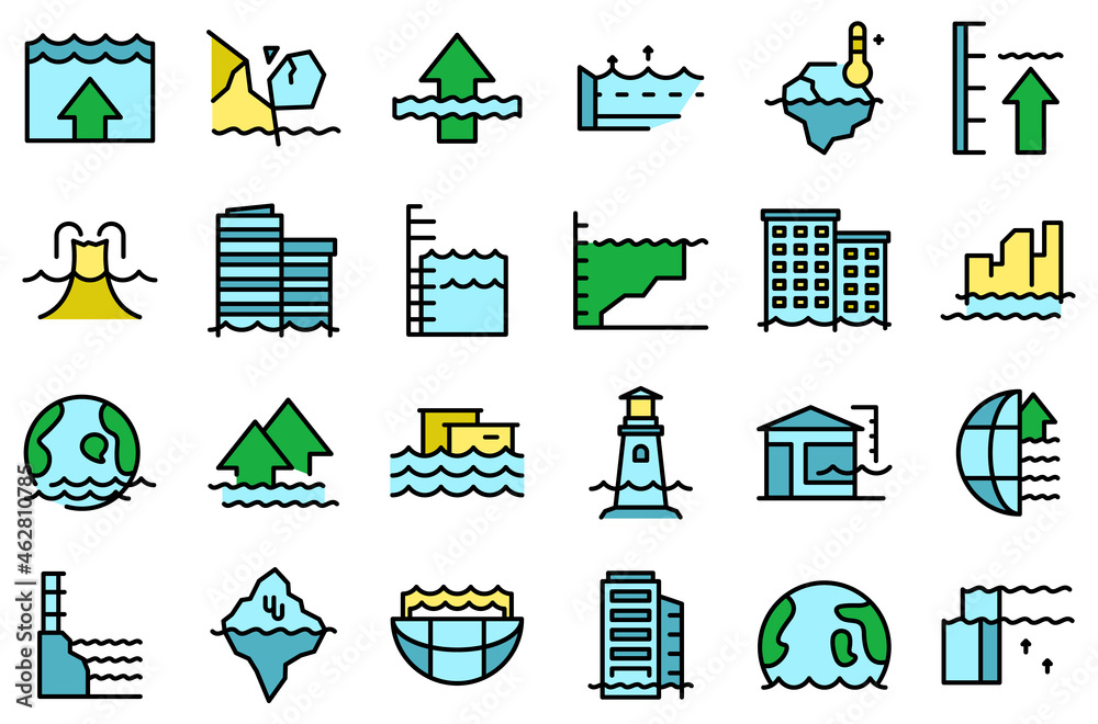 Sea level rise icons set outline vector. Water nature. Climate disaster ...