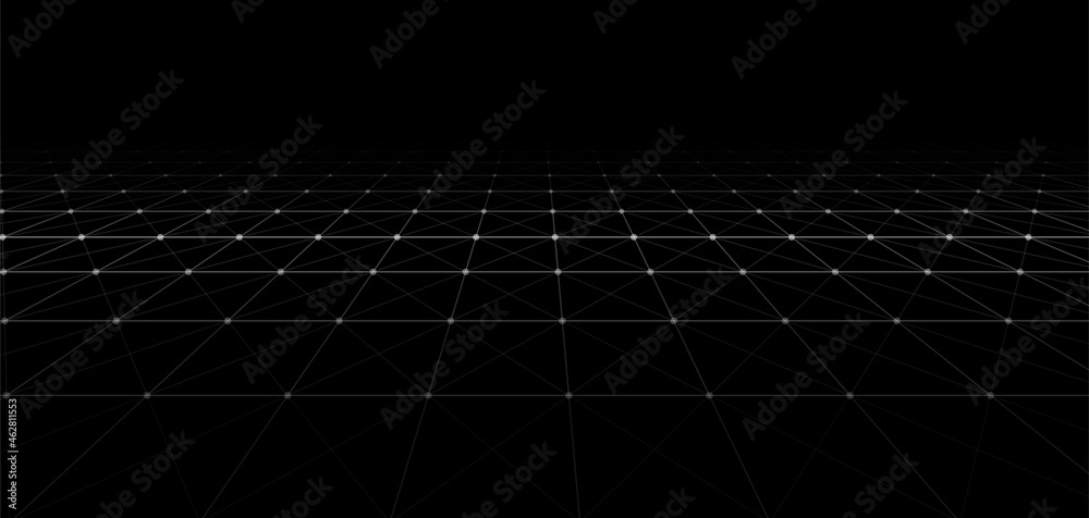 Wireframe landscape. Vector perspective grid. Digital space. Mesh on a ...