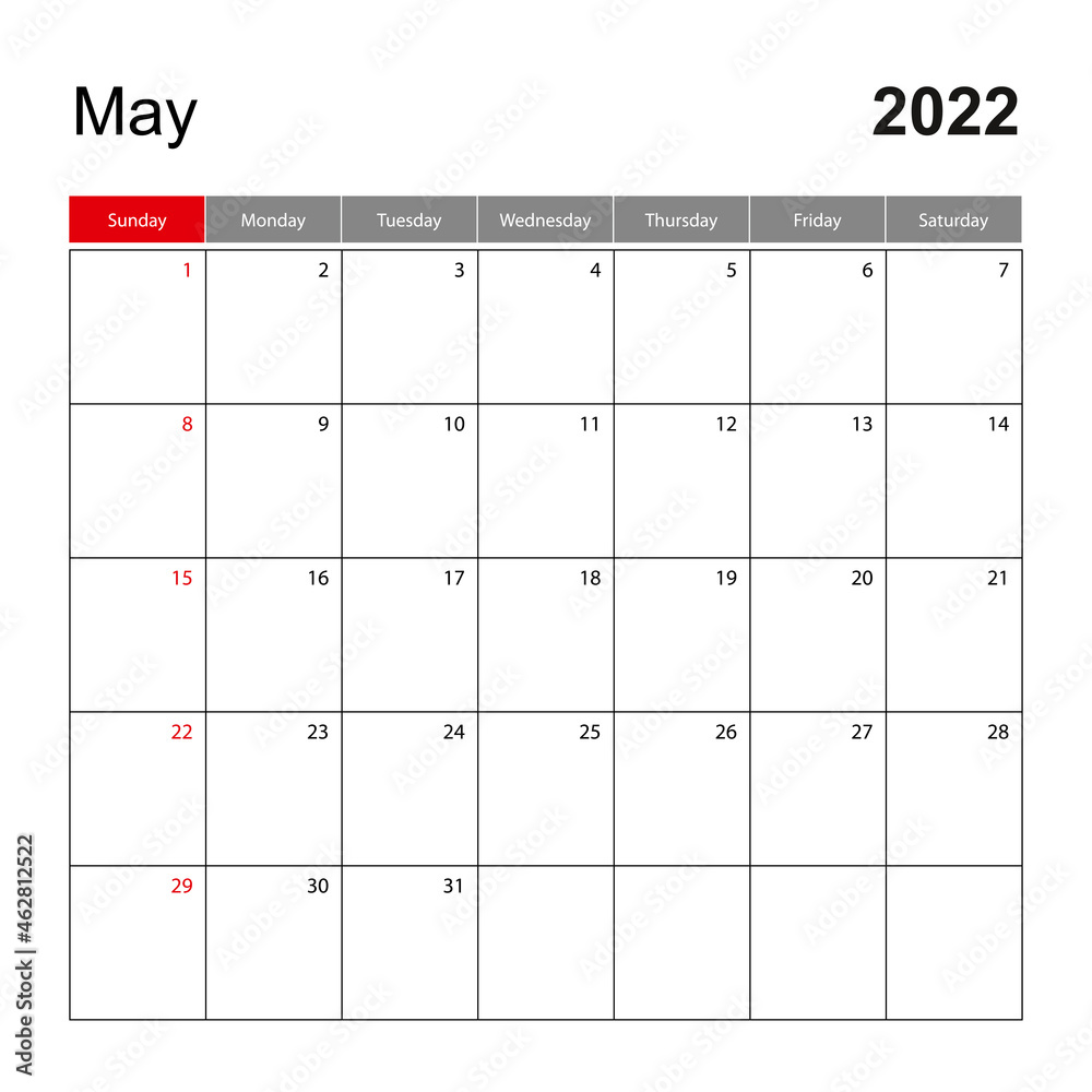 Wall calendar template for May 2022. Holiday and event planner, week ...