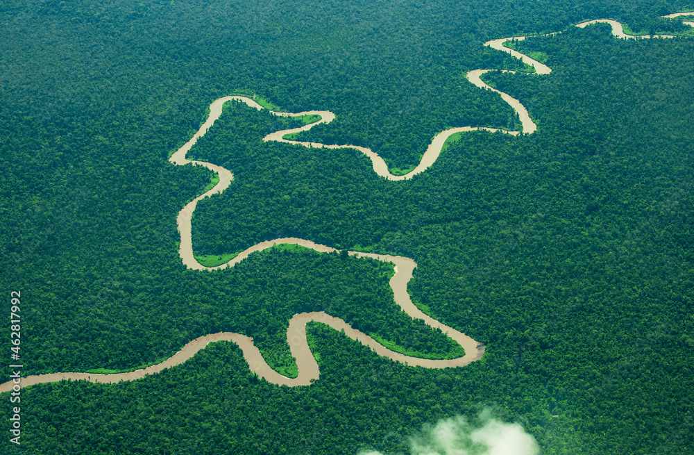 Bird's eye view of New Guinea jungle. Beautiful shape of the river that ...