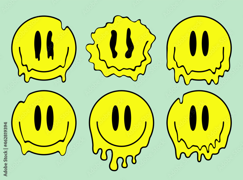 City graffiti smiling face. Various types of faces with drip, splash ...