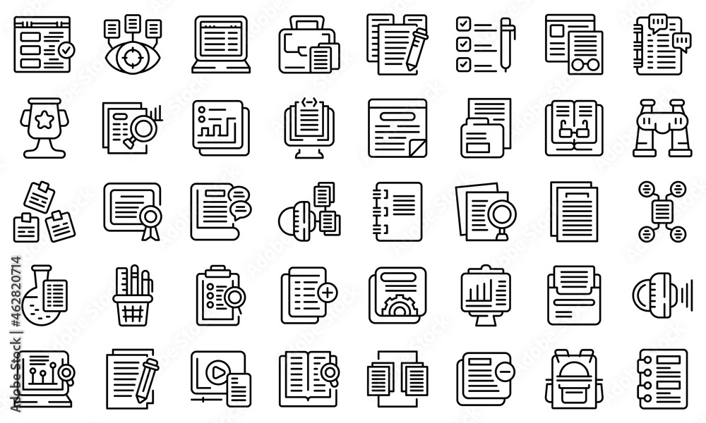 Case study icons set outline vector. Proposal platform. Study analysis ...