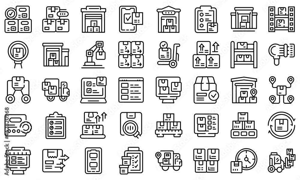 Inventory optimization icons set outline vector. Location management ...