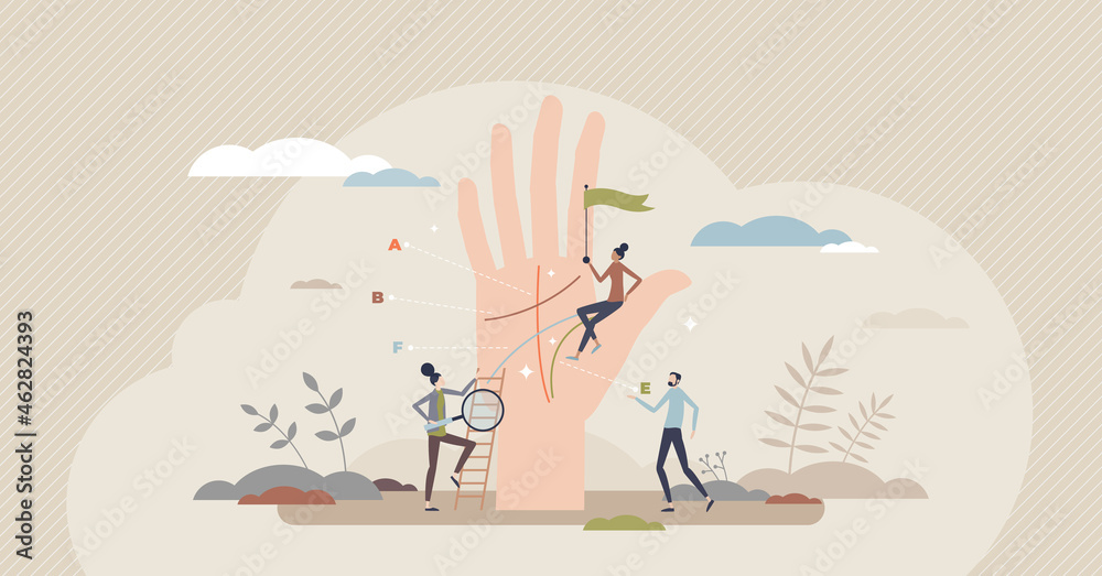 Palm reading as future telling from open hand lines tiny person concept ...