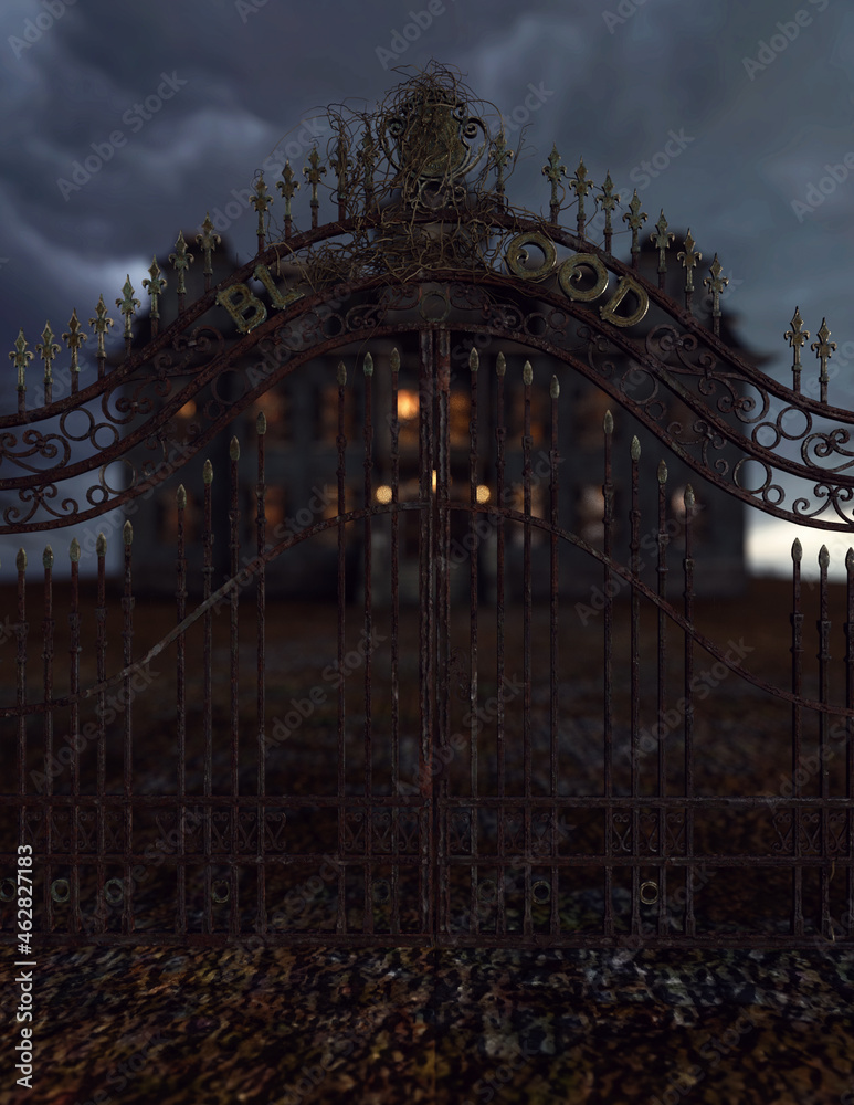 Closed iron gate of an abandoned and dilapidated spooky mansion with ...