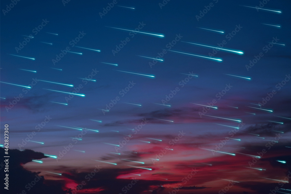 blue meteors rain on the sunset night sky dark cloud Stock Illustration ...