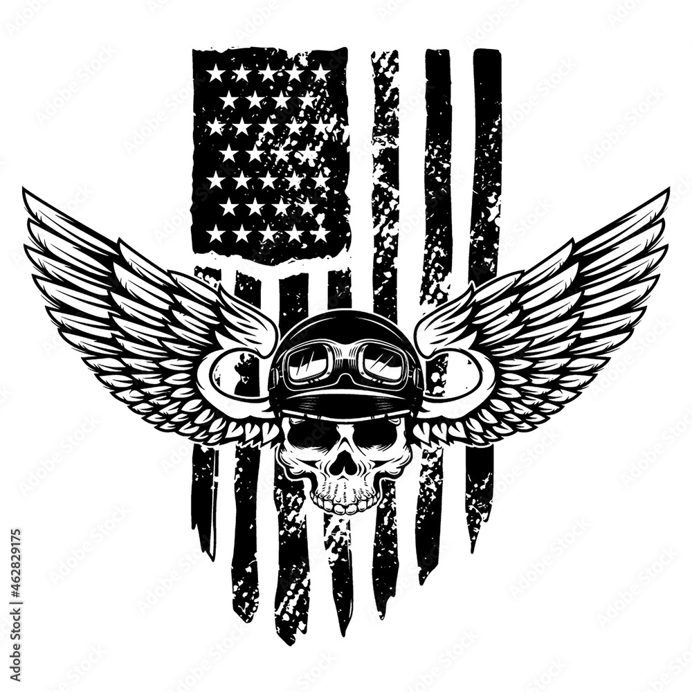 Skull in winged helmet on american flag background. Design element for ...