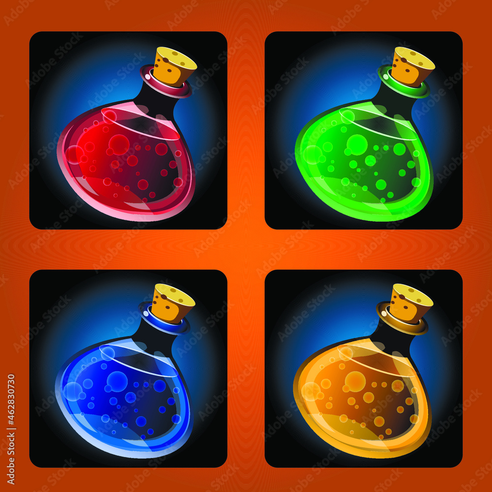round icons of ancient magical potions over white background Stock ...