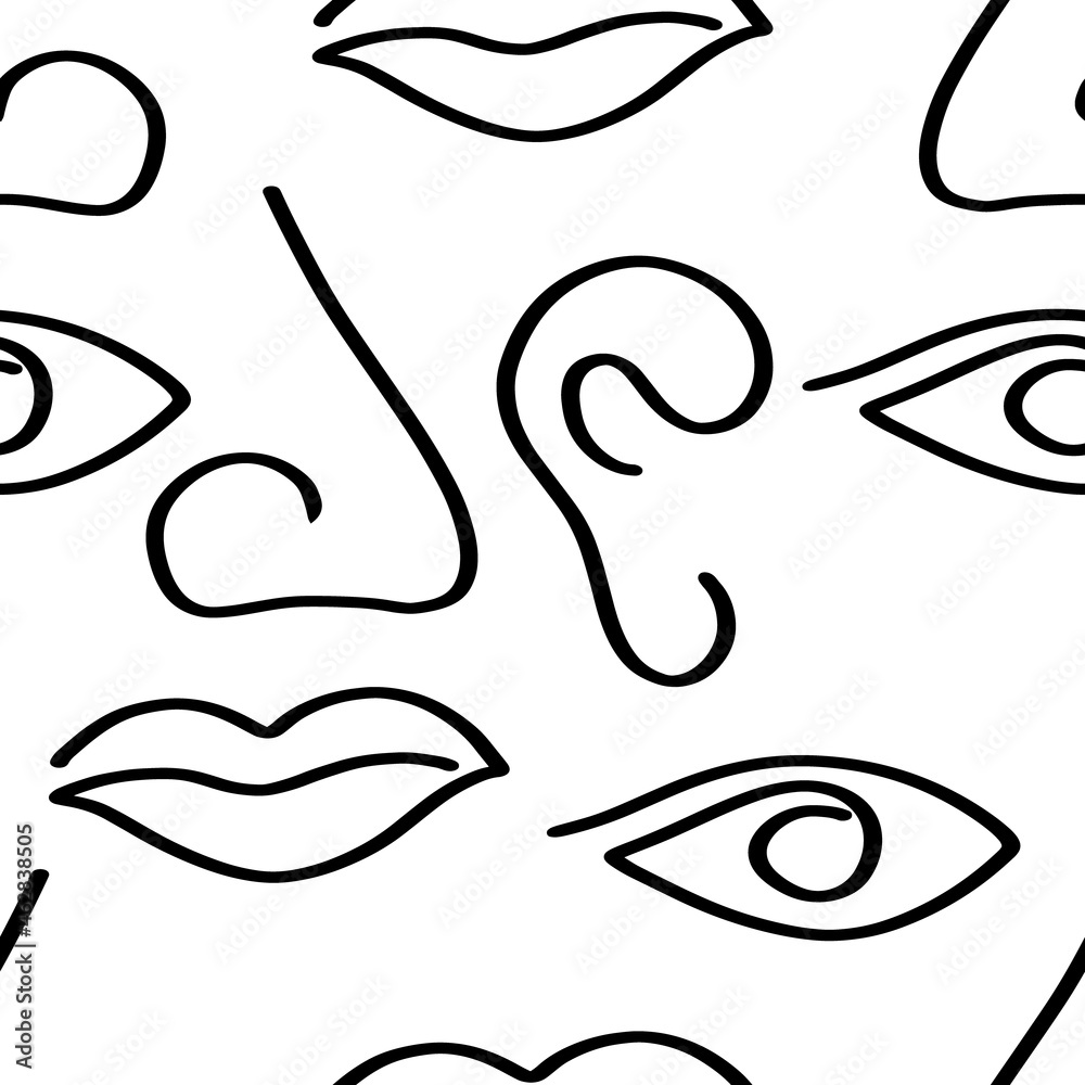 Doodle part face of people seamless pattern isolated on white. Hand ...