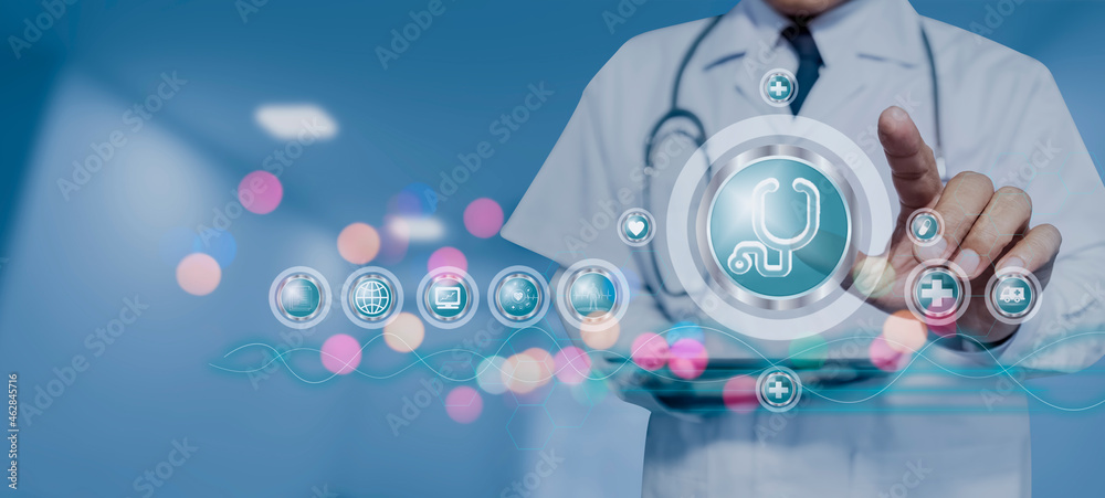 Medicine doctor using digital healthcare and network connection on ...