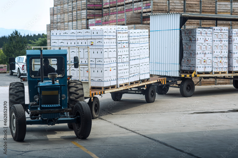Tractor transporting produce in boxes on factory yard Stock Photo ...