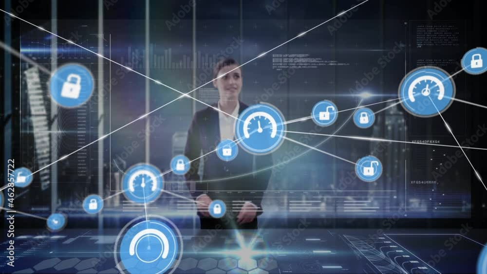 Animation of network of connections with icons over businesswoman using ...