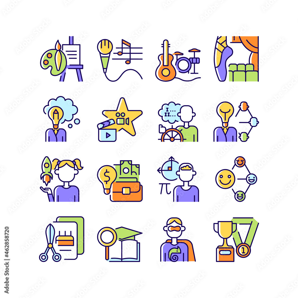 Talents and aptitudes RGB color icons set. Skills and intelligence ...