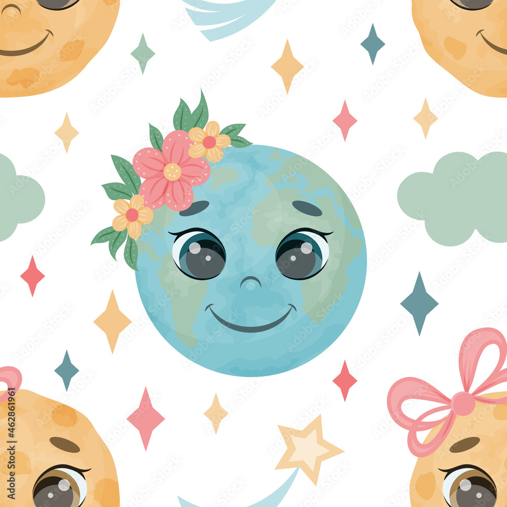 Seamless pattern from cute earth and moon. A child endless texture ...