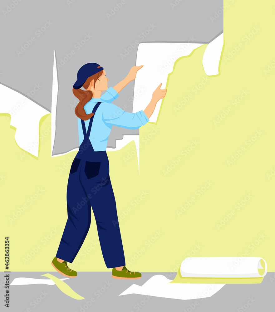 A girl tears off the old wallpaper from the wall. A woman makes repairs ...