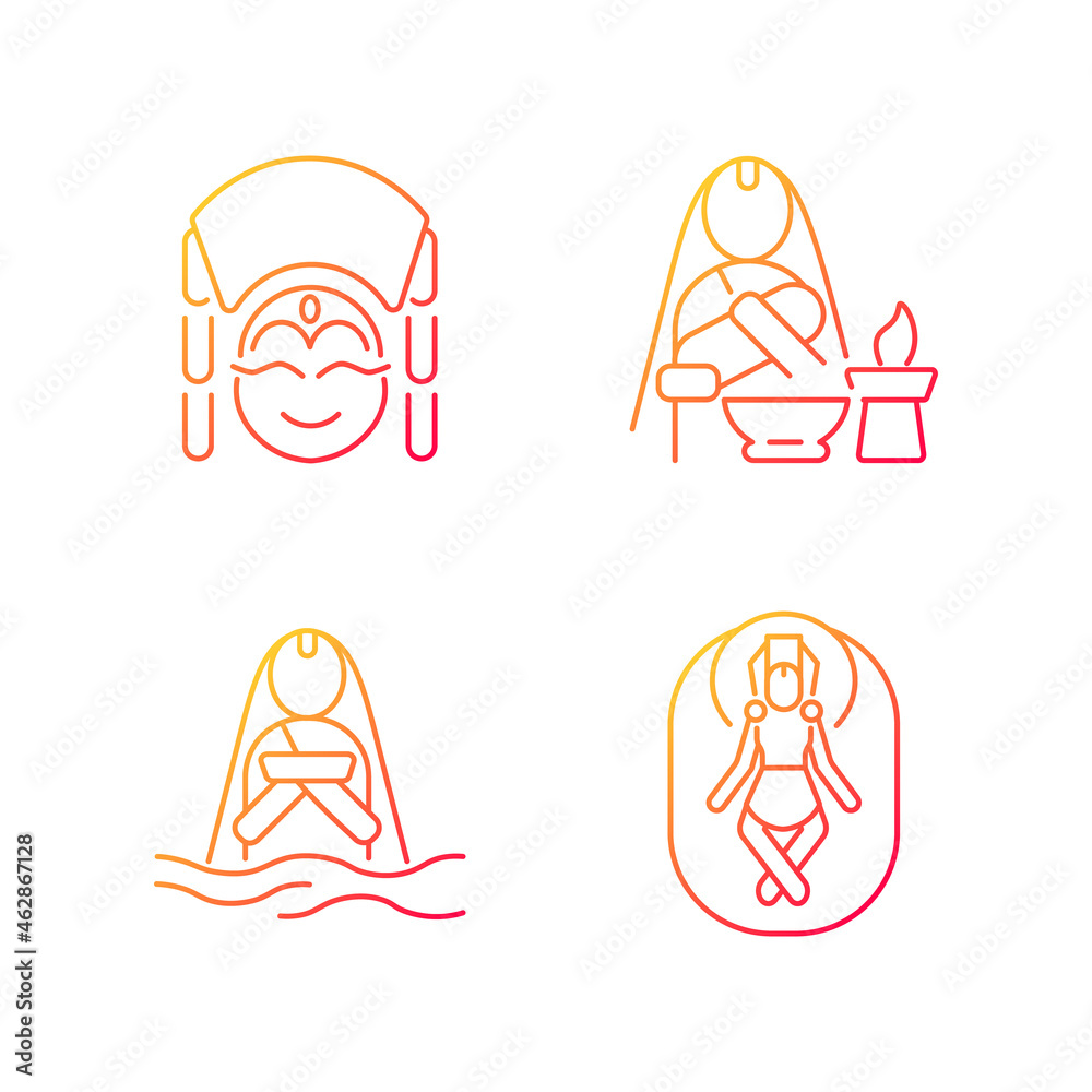 Nepal spiritual heritage gradient linear vector icons set. Kumari ...
